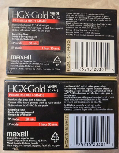 2 Maxwell TC-30 VHS-C Premium High Grade HGX-Gold Tape SP 30 Cassettes ...