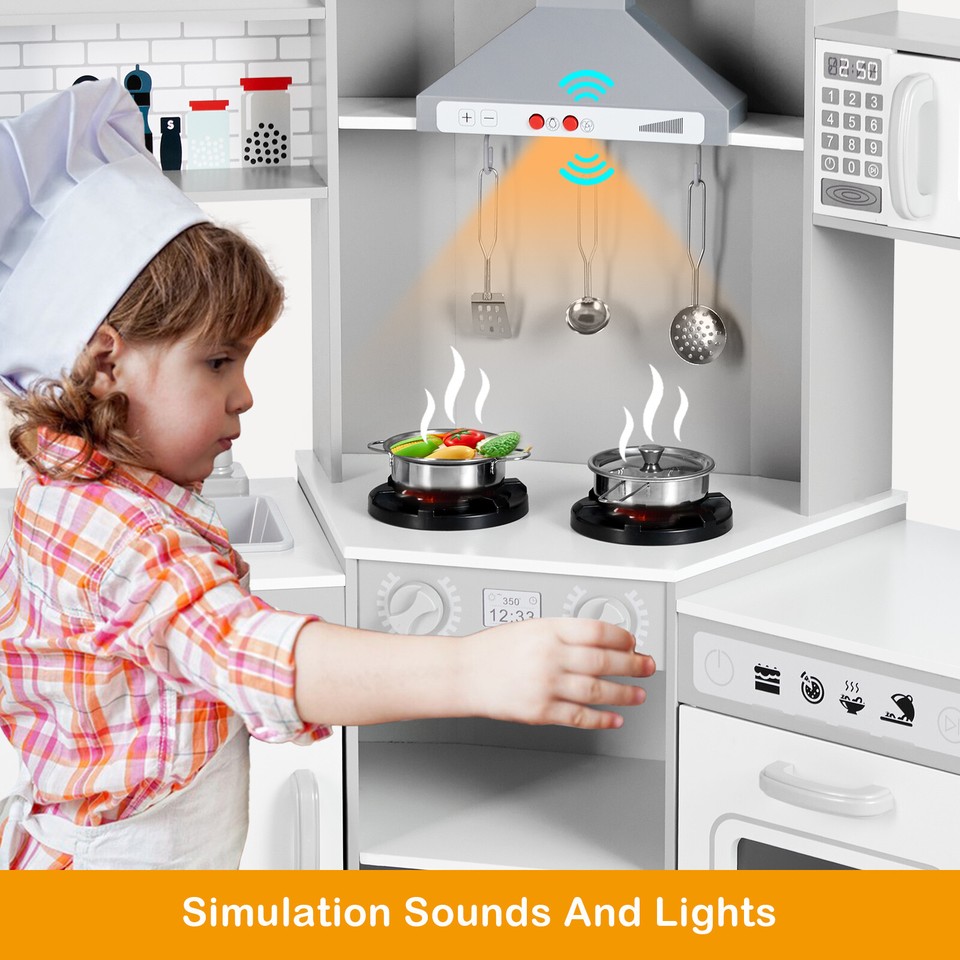 Kids Wooden Pretend Play Kitchen Set Playset Cooking Toys with Sounds ...