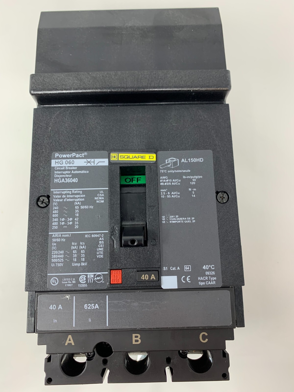Square D HGA36040 PowerPacT I-Line Circuit Breaker 40A 600V 3P HG 060 ...
