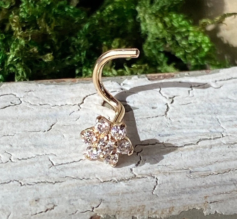 14kt Solid Gold Flower Nose Ring w/CZ Gems 20g 20 gauge stud screw bone ...