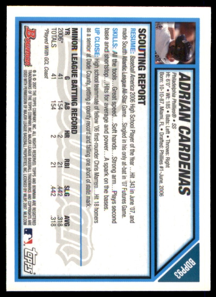 2007 BOWMAN DRAFT PICKS & PROSPECTS GOLD ADRIAN CARDENAS PHILADELPHIA ...