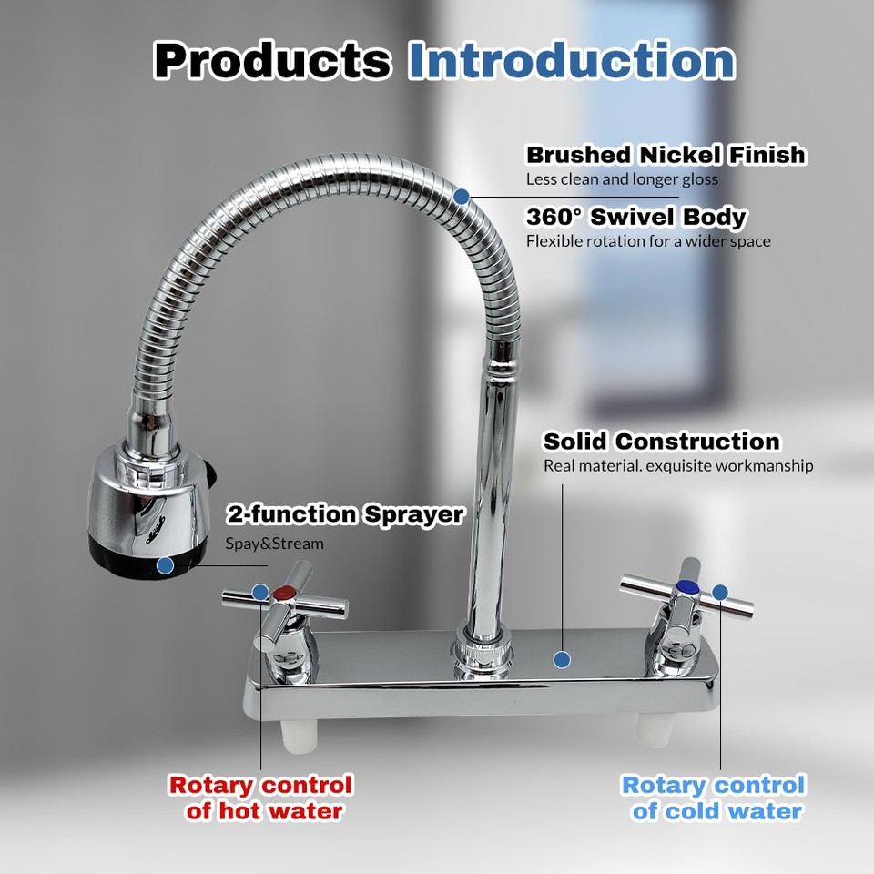 Kitchen Faucet Sink Double Handle Stainless Steel Hot and Cold Home RV ...