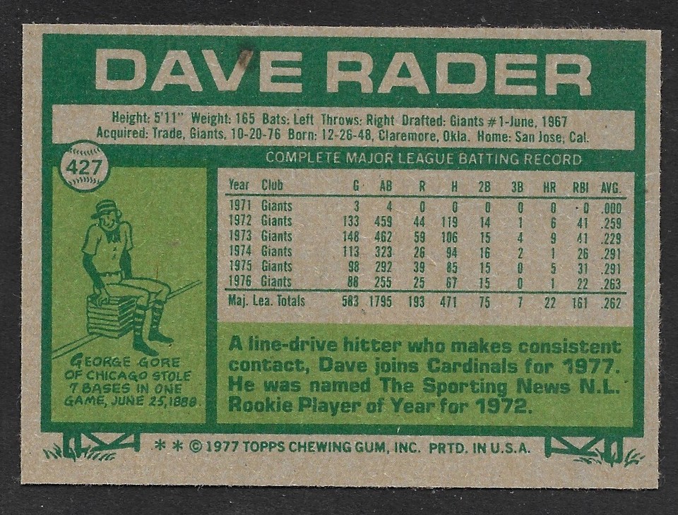 1977 TOPPS #427 Dave Rader ST LOUIS CARDINALS NM+ A | eBay