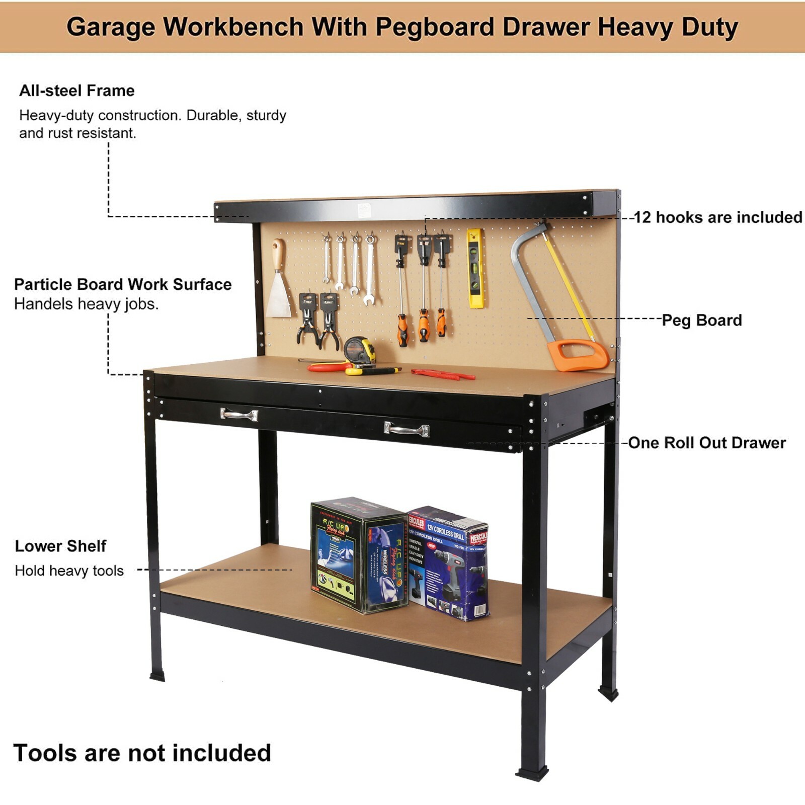63" Workshop Table Work Bench Garage Steel Tool Storage Drawers Shelves ...