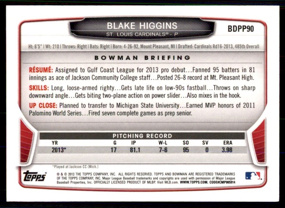 2013 Bowman Draft Picks & Prospects Blake Higgins St. Louis Cardinals # ...