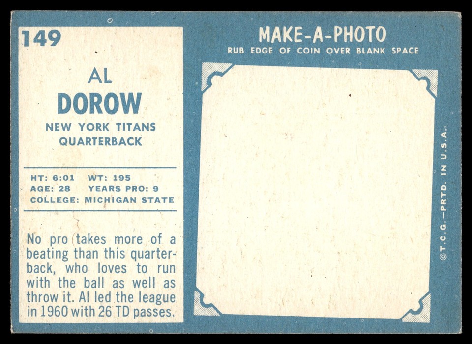 1961 Topps FOOTBALL Al Dorow #149 New York Titans HIGHER HIGH GRADE | eBay