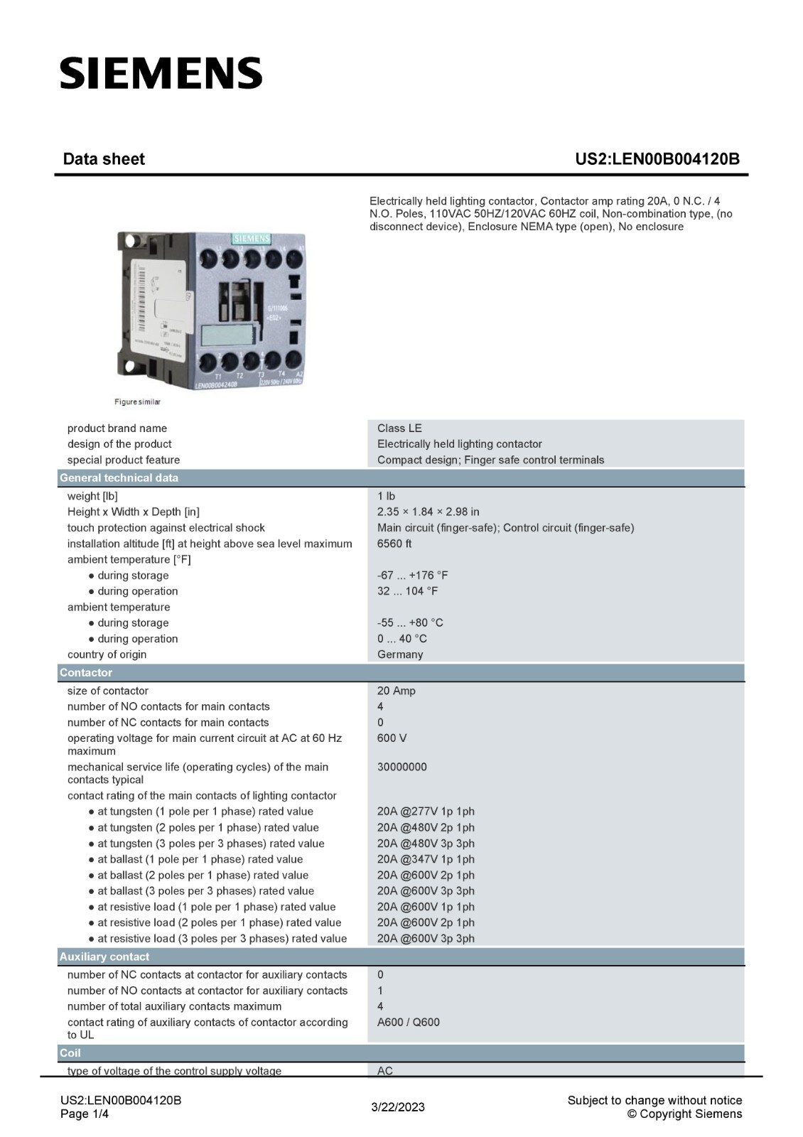 Siemens Electrically Held Lighting Contactor | Shelly Lighting
