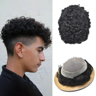 Curly Toupee for Black Men Human Hair System Fine Mono Poly Mens Wigs ...