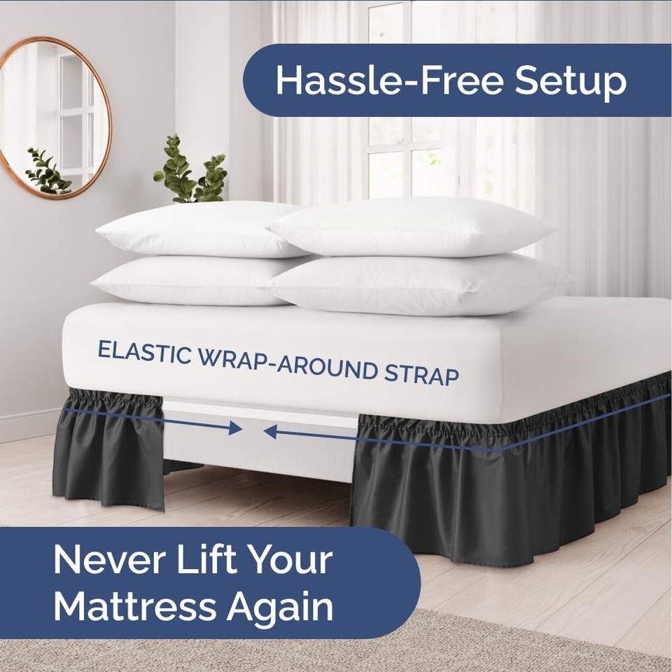 Wrap Around Dust Ruffle Bed Skirt - Black - for Full Size Beds with 15 ...