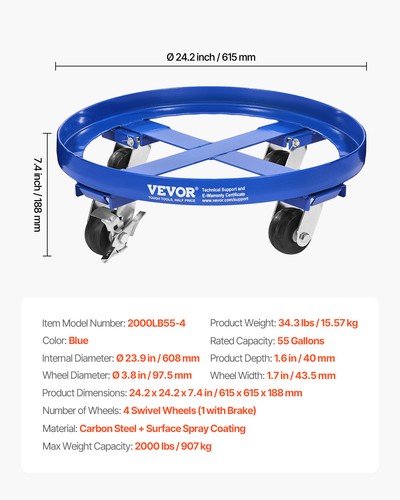 55 Gallon Drum Dolly 2000 lbs Barrel Dolly Cart Drum Caddy 4 Caster ...