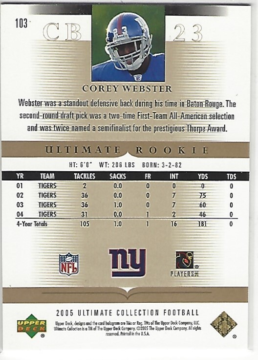 COREY WEBSTER RC 2005 Ultimate Collection Rookie 54/235 LSU / New York ...