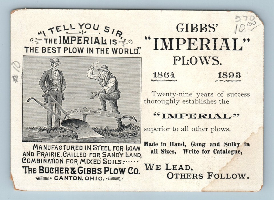 Advertising TRADE CARD The Bucher & Gibbs Plow Co Canton Ohio Imperial ...