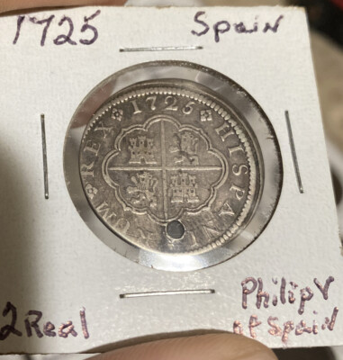 1725 Spanish Silver 2 Reales Colonial Cross Pirate Treasure Coin Philip ...
