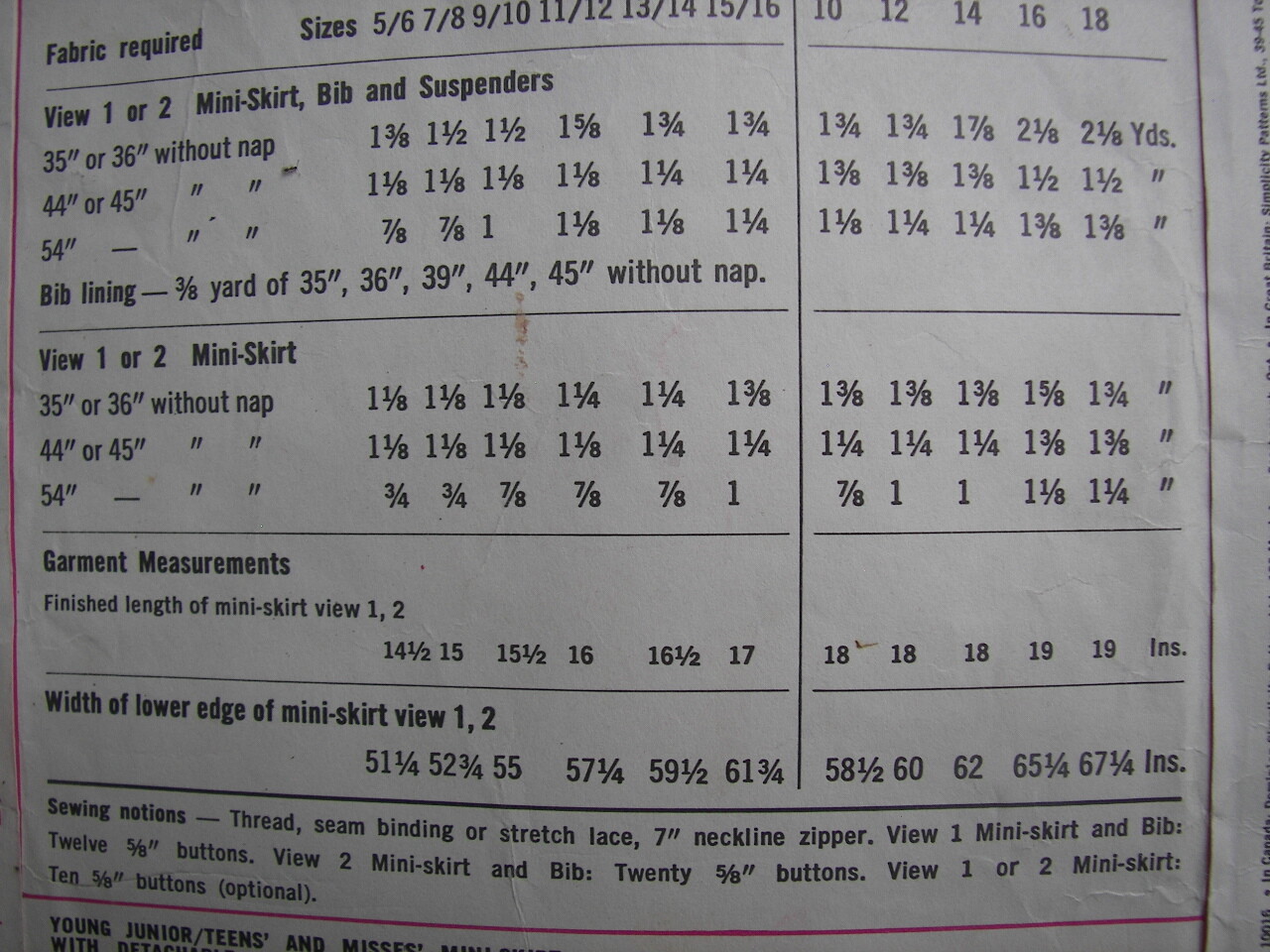 VTG ~ Simplicity Pattern #8891 Yng Jr/Teen Mini-Skirt w/Detachable Bib ...