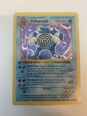 Pokemon Poliwrath Base Set Holo 1st Edition Shadowless Holo Rare 13/102 ...