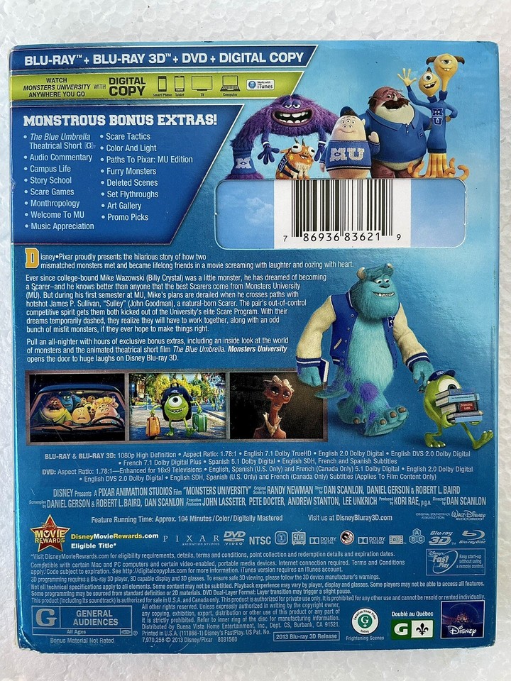 Monsters University Blu Ray Ultimate Collectors Edition Disney Pixar ...