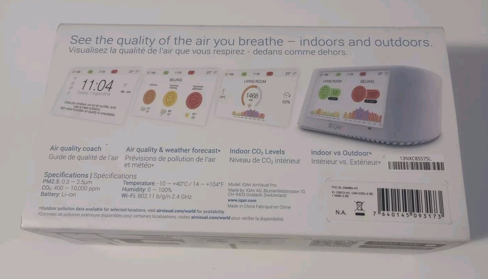 NEW IQAir AirVisual Pro N1 Indoor Outdoor Air Quality Monitor Meter ...
