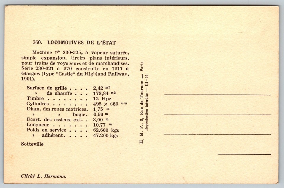 French Railroad RPPC* Postcard "Machine No. 230-325" #360 c1943-46 HMP ...