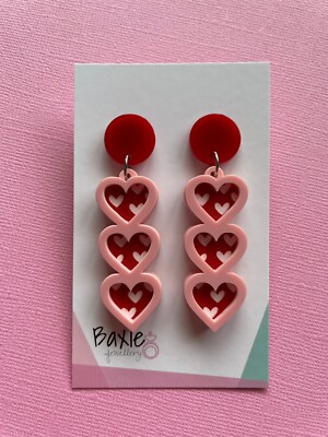 Love Heart Triple Stack Acrylic Dangle Earrings, Pink, Surgical Stud ...