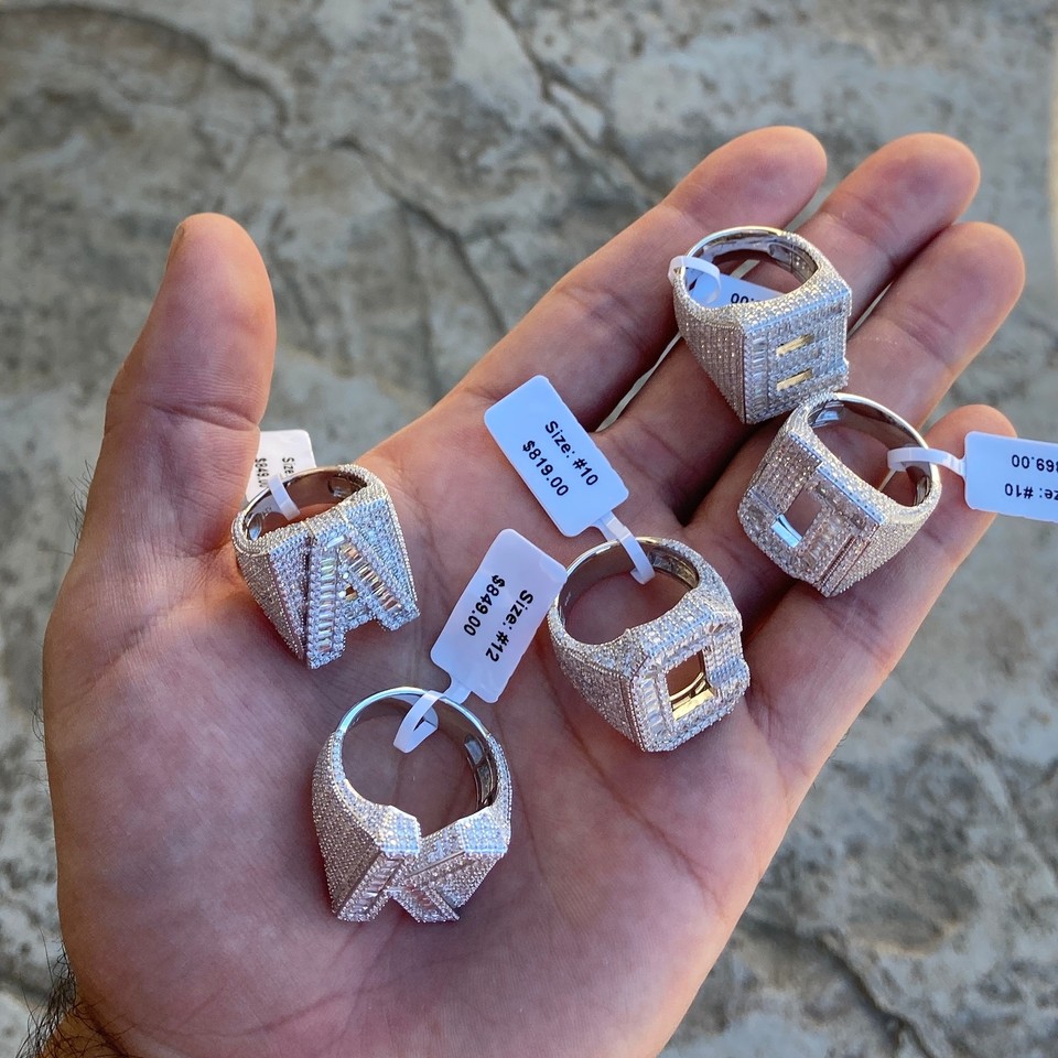 925 Sterling Silver Initial Block Letters Iced Baguette Flooded Out CZ ...