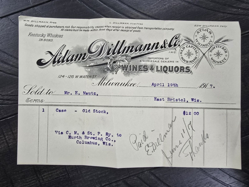 1917 Whiskey Adam Dillman Wine & Liquors Milwaukee Wisconsin Receipt ...