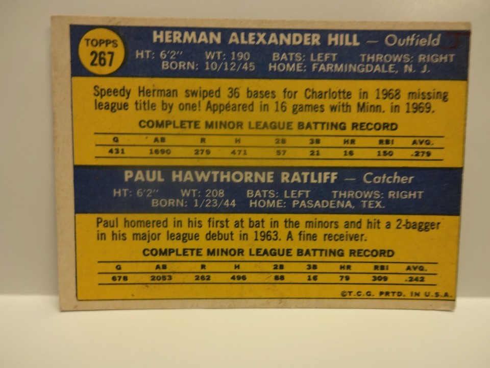 1970 Topps Baseball Twins Rookie Stars Herman Hill, Paul Ratliff Card ...