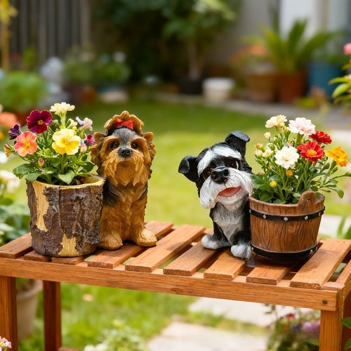 Yorkie Dog Resin Flower Pot Rustic Stump Style for Indoor Outdoor ...