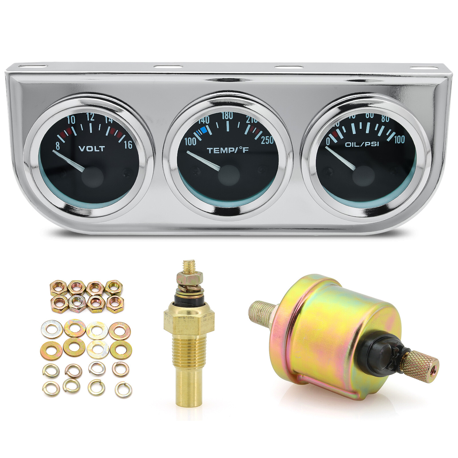 52mm Chrome Car Triple Gauge Set Volt Water Meter Temp Oil Pressure 3 ...