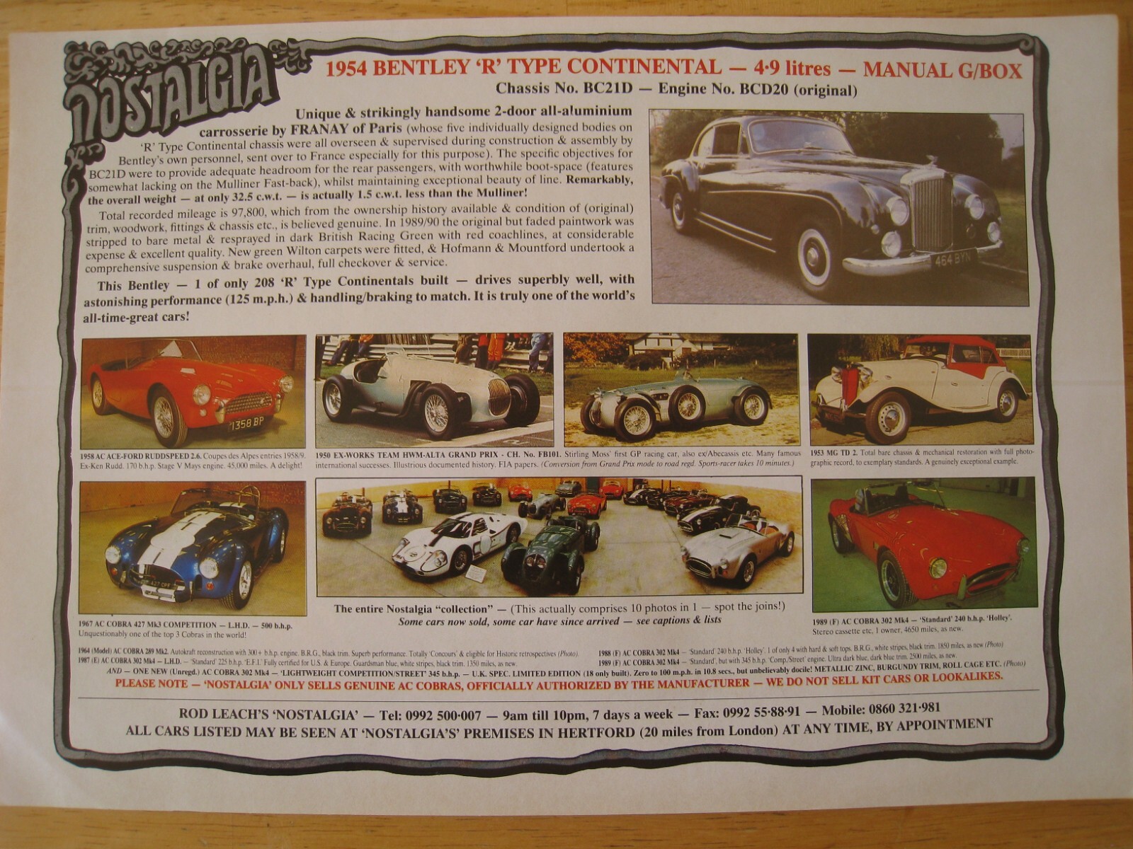 ROD LEACH NOSTALGIA 1954 BENTLEY TYPE R CONTINENTAL 1991 ADVERT A4 FILE ...