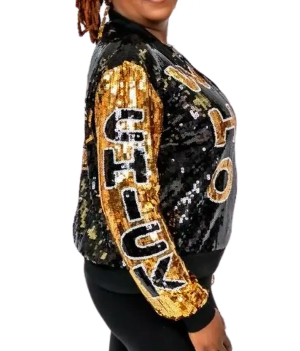 Who Dat Chick Black & Gold Sequin Bomber Jacket | eBay
