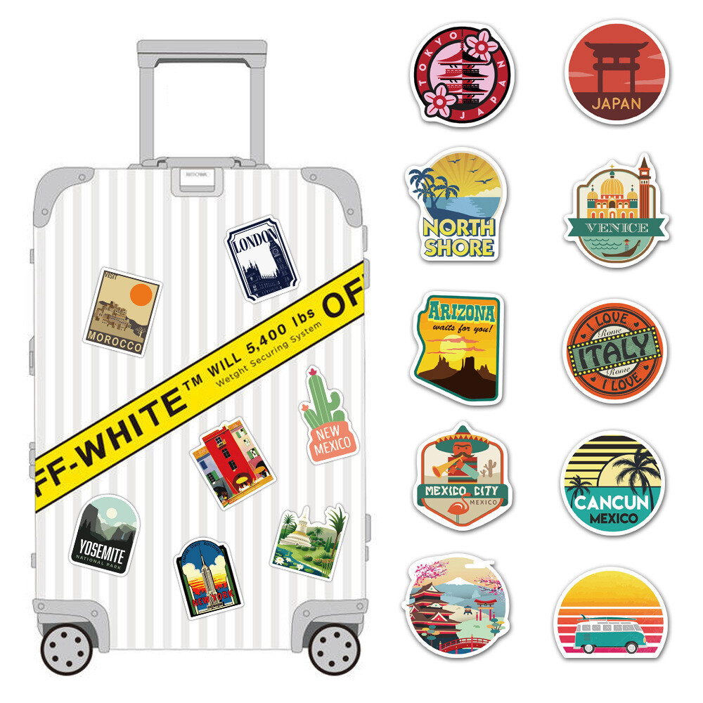 Travel Sticker Set 50 Waterproof Adhesive Decals For Suitcases ...