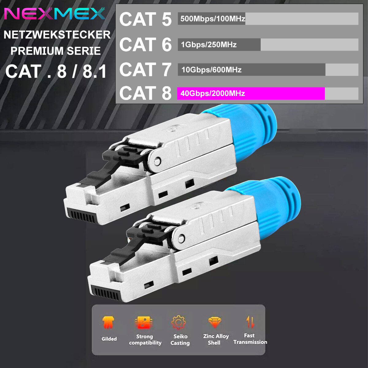 NEXMEX 10x Netzwerkstecker Cat 8 CAT8.1 RJ45 Stecker Werkzeuglos Metall ...