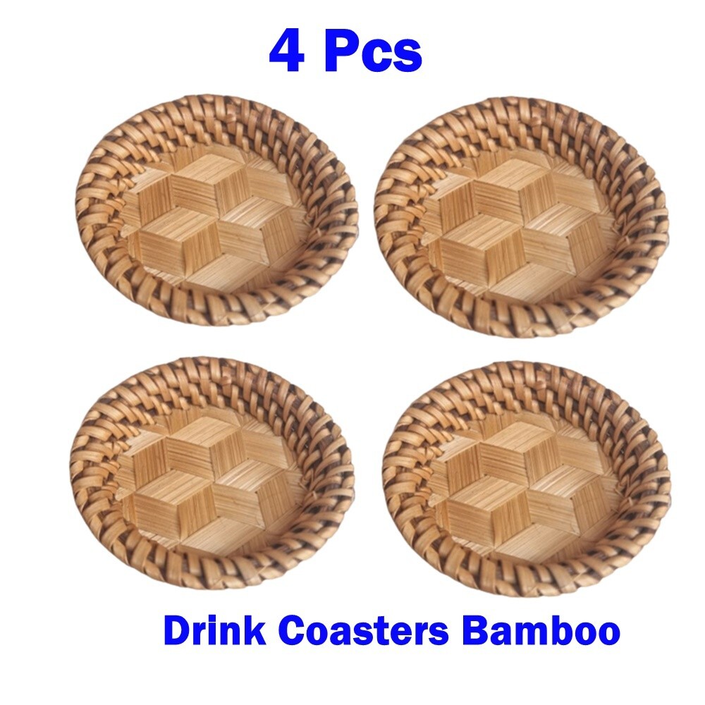 4 pcs. Drink Coasters Bamboo Cheap Coasters, Rattan Weave, Bamboo Weave ...
