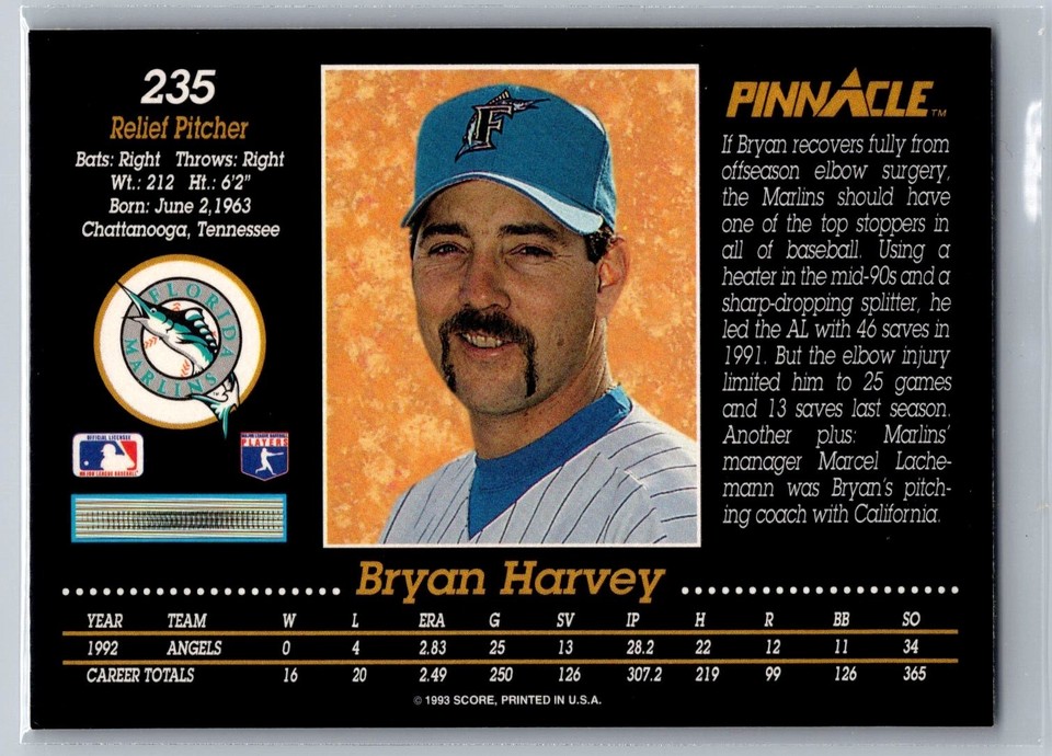 1993 Pinnacle - Expansion Draft #235 Bryan Harvey Florida Marlins MLB ...