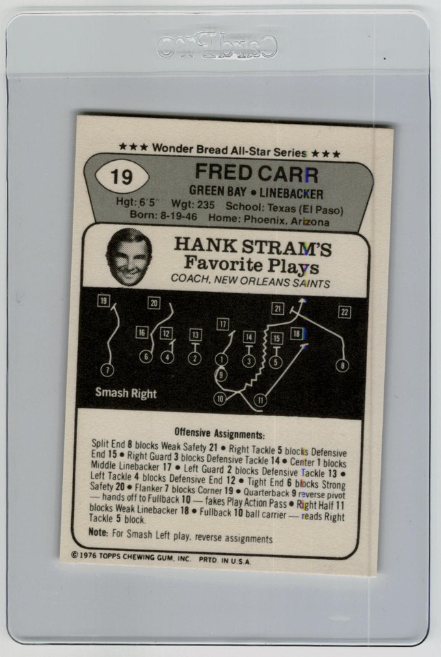 1976 Wonder Bread Fred Carr #19 Green Bay Packers | eBay