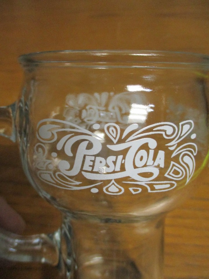 Vintage 70s Pepsi Cola Glass Mug Tumbler Handle Embossed White Logo | eBay