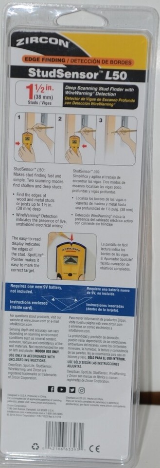 Zircon L50 Edge Finding StudSensor Deep Scanning Stud Finder ...
