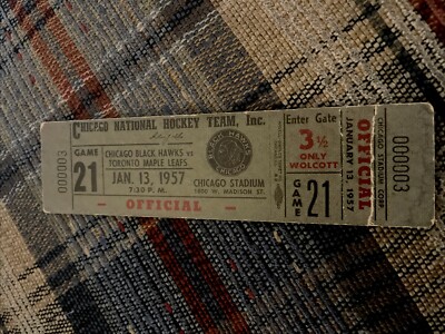 JAN. 13 1957 NHL HOCKEY FULL TICKET CHICAGO BLACKHAWKS TORONTO MAPLE ...