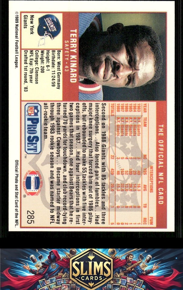 1989 Pro Set New York Giants Terry Kinard #285 | eBay