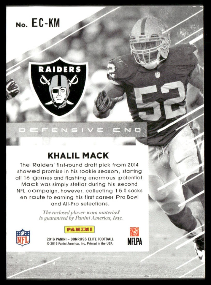 2016 Elite Football Khalil Mack Dual Jersey /99 Elite Coverage Raiders ...