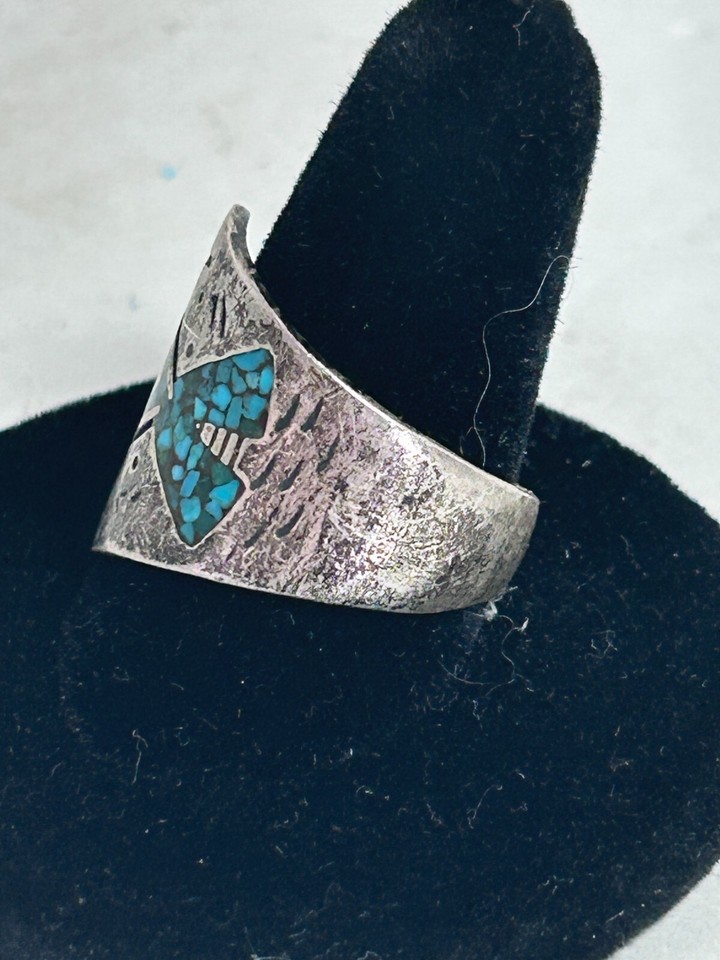 Vtg Turquoise Chip Teepee Silver Sterling ? Unmarked Ring R852 Size 8.5 ...
