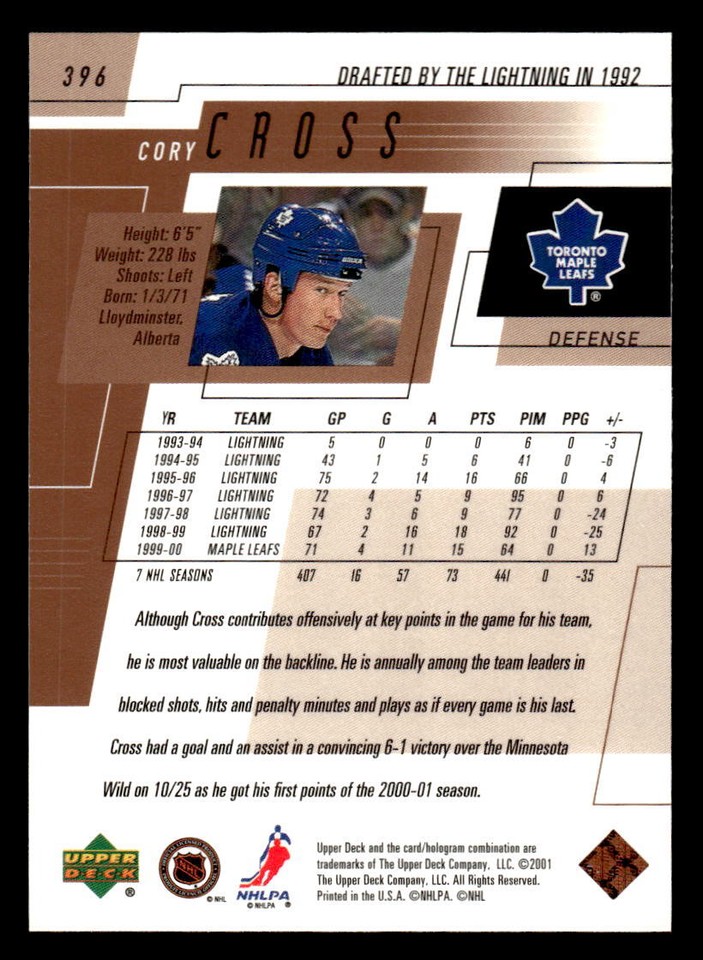 Cory Cross 2000 Upper Deck #396 Toronto Maple Leafs | eBay
