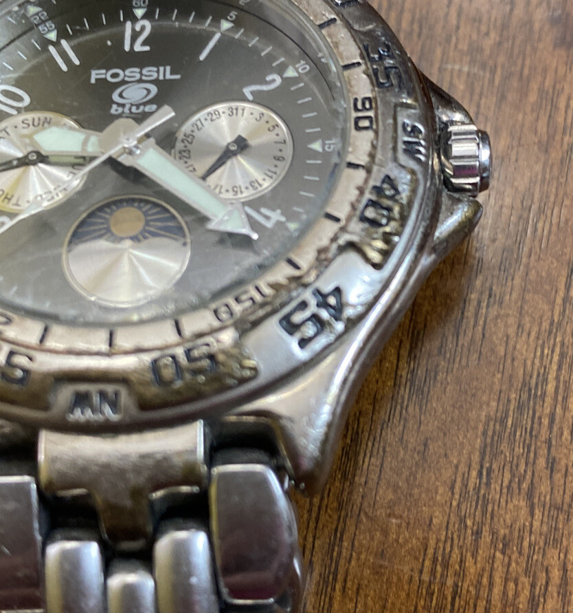 Men's Fossil Blue Stainless Steel Bracelet Watch Moon Phase Day/Date ...