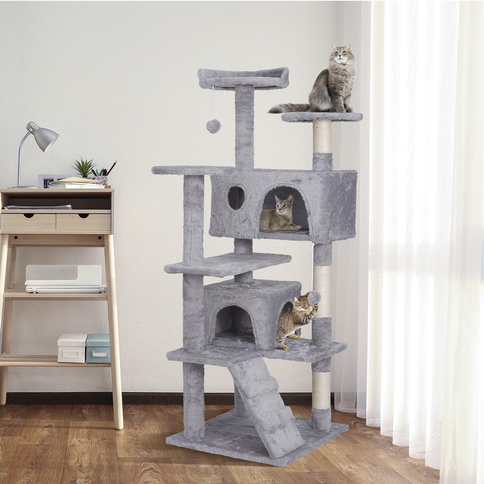 55" Cat Tree Tower Activity Center Playing House Grey/Beige/Blue/Brown ...