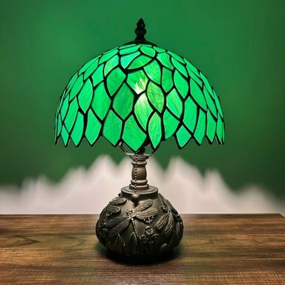 Tiffany Style Table Lamp Green Leaves Stained Glass Included LED Bulb ...