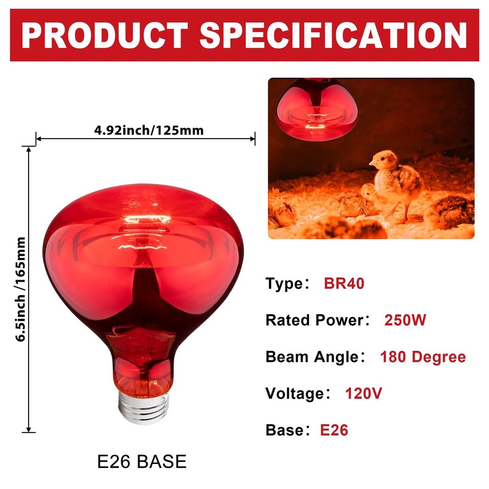 250 Watt Heat Lamp Bulbs for Chicks, R40 Heat Lamp for Chickens ...