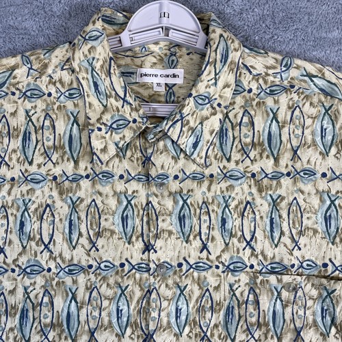 Pierre Cardin Shirt Mens Large Tan Blue SS Jesus Fish Christian Artsy ...