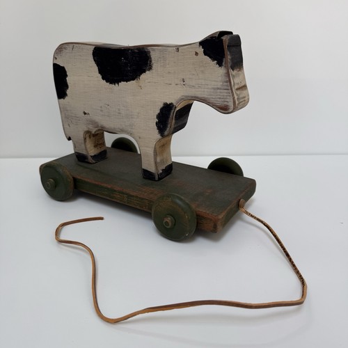 Vintage Carved Wooden Cow Folk Art Pull Toy with Wheels Leather String ...