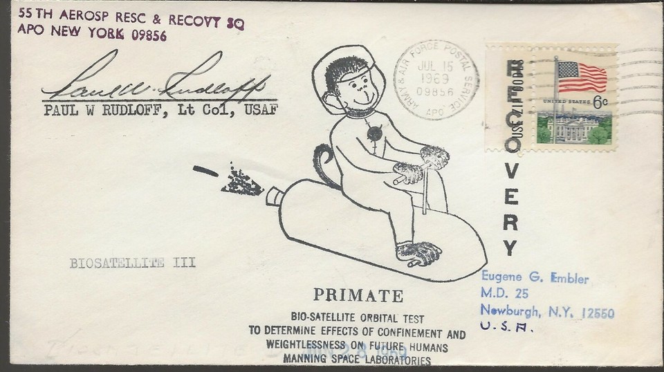7/15/69 BioSatellite III Primate On Board Autographed by Lt Col. Paul ...
