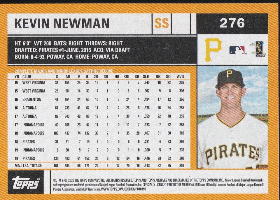 2020 Topps Archives Kevin Newman #276 Pittsburgh Pirates Baseball Card ...